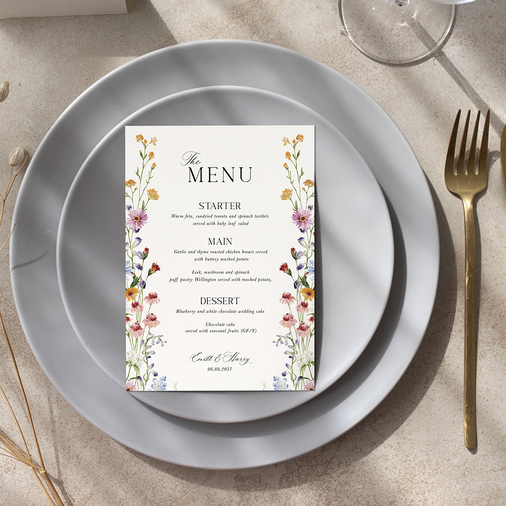 Wildflower Wedding Menu With Floral Border|A5, 5x7 & A6